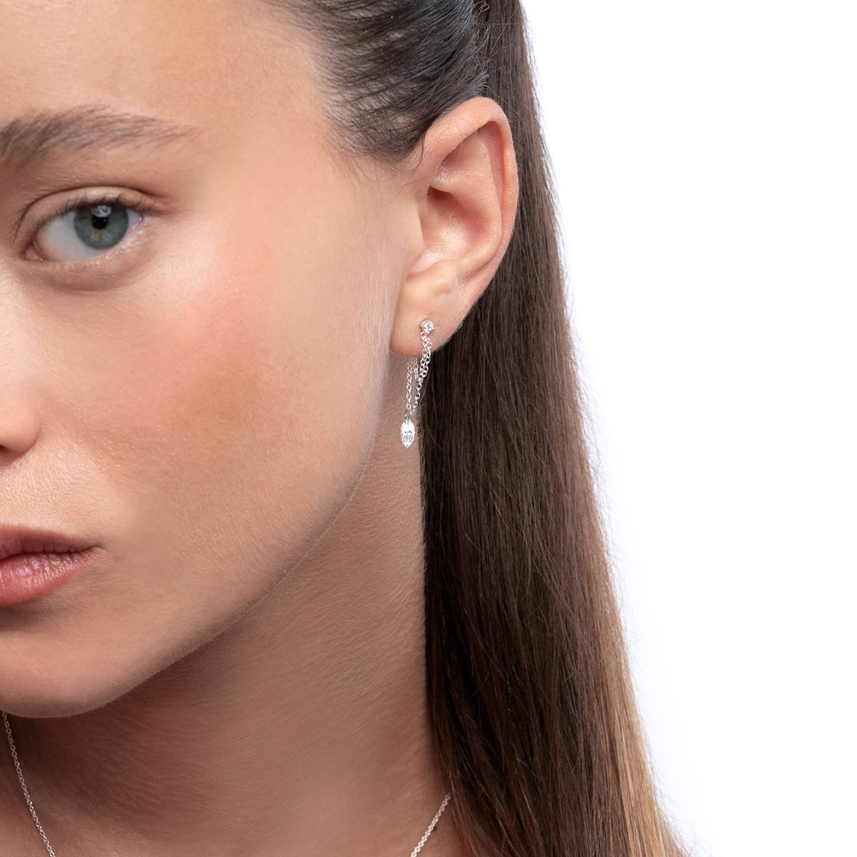 Capri Floating Diamond with Double Chain Stud Earrings - Silver - Oak ...