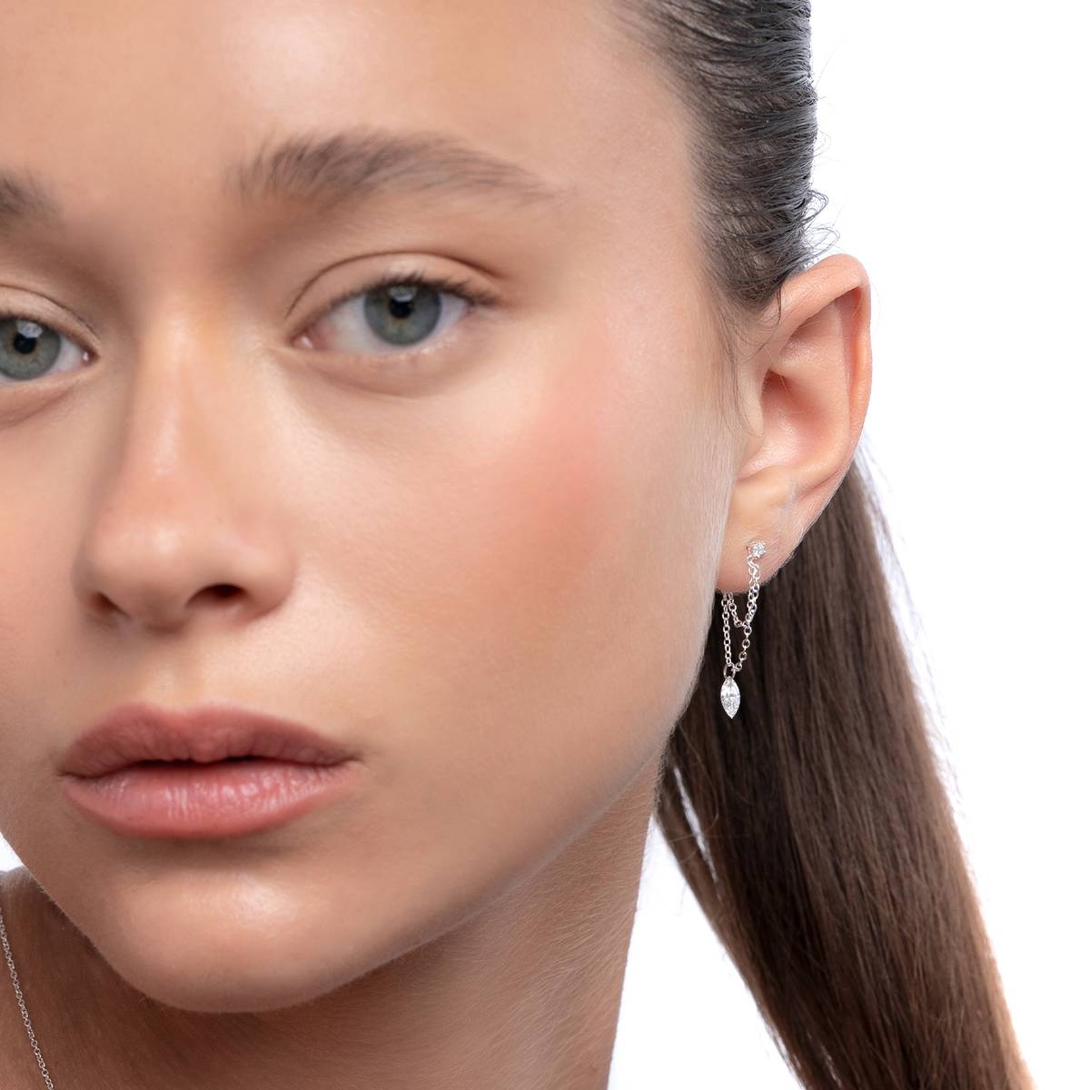 Capri Floating Diamond with Double Chain Stud Earrings - Silver - Oak ...