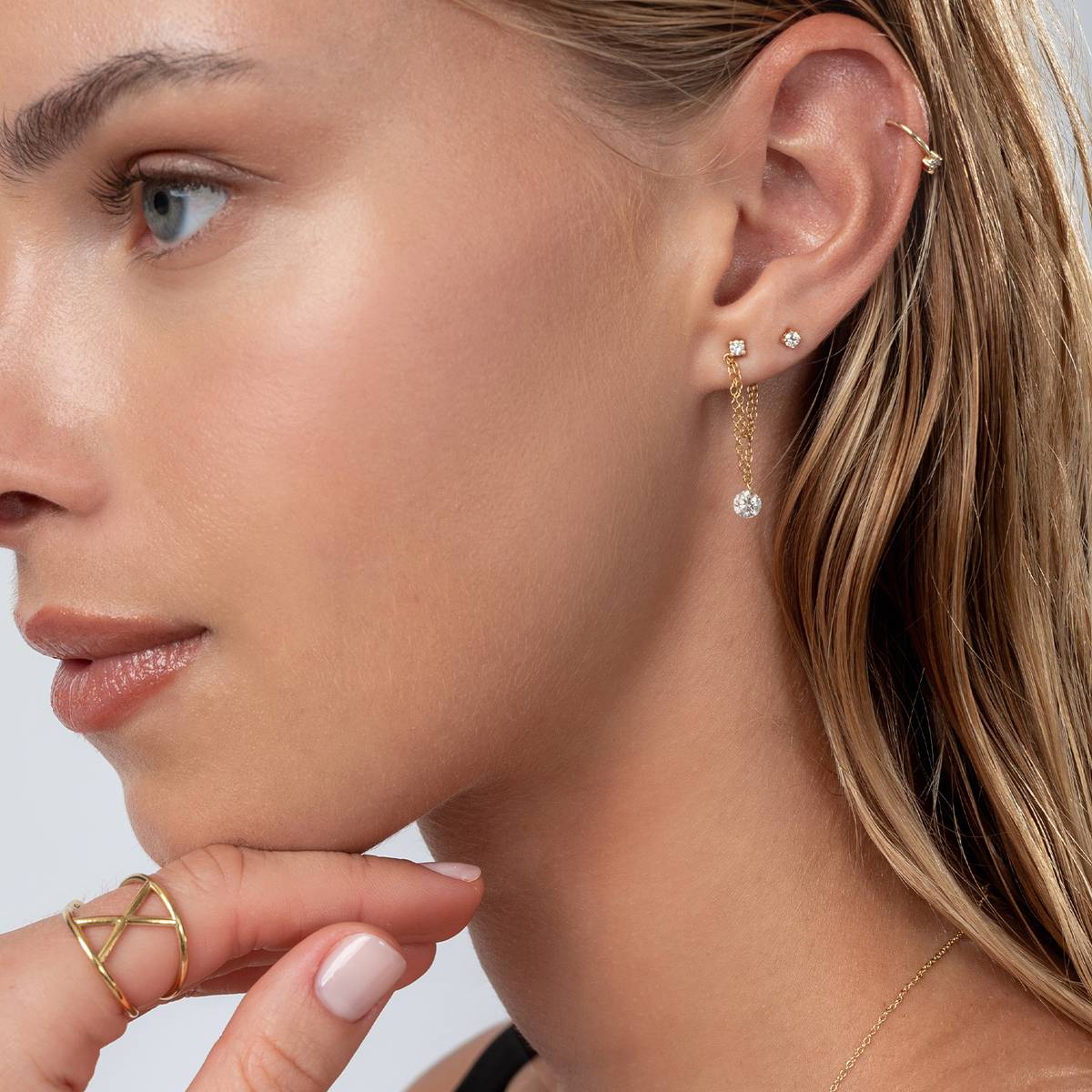 Capri Floating Diamond with Double Chain Stud Earrings - 14k Solid Gold ...