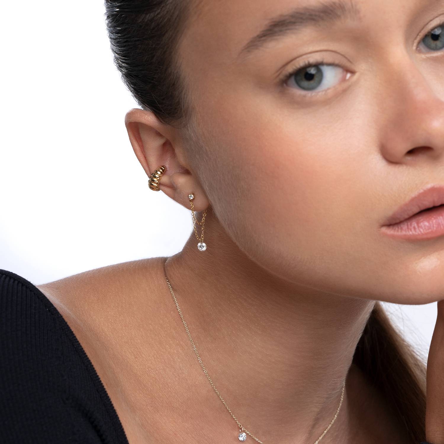 Capri Floating Diamond with Double Chain Stud Earrings - Gold Vermeil - Oak & Luna