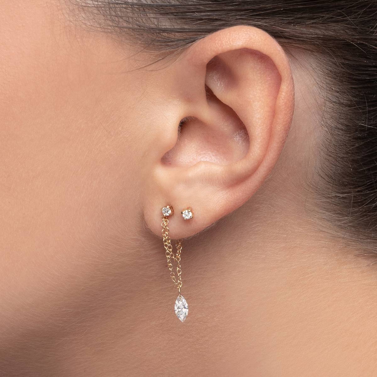 Capri Floating Diamond with Double Chain Stud Earrings - Gold Vermeil - Oak & Luna