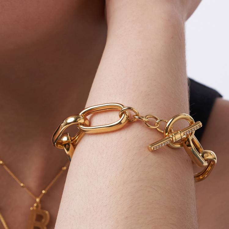 Engraved Chunky Paperclip Bracelet with Diamonds - Gold Vermeil - Oak ...