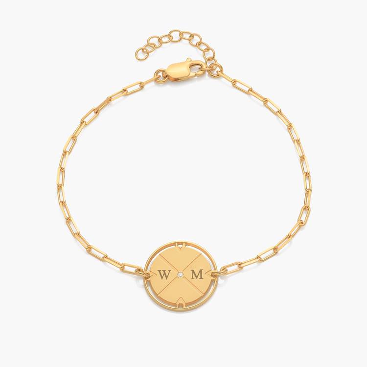 Engraved Compass Bracelet with Diamond - Gold Vermeil - Oak & Luna