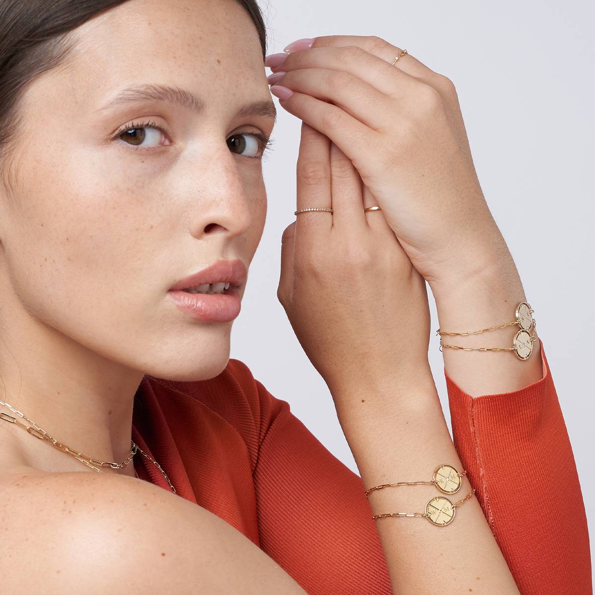 Engraved Compass Bracelet with Diamond - Gold Vermeil - Oak & Luna