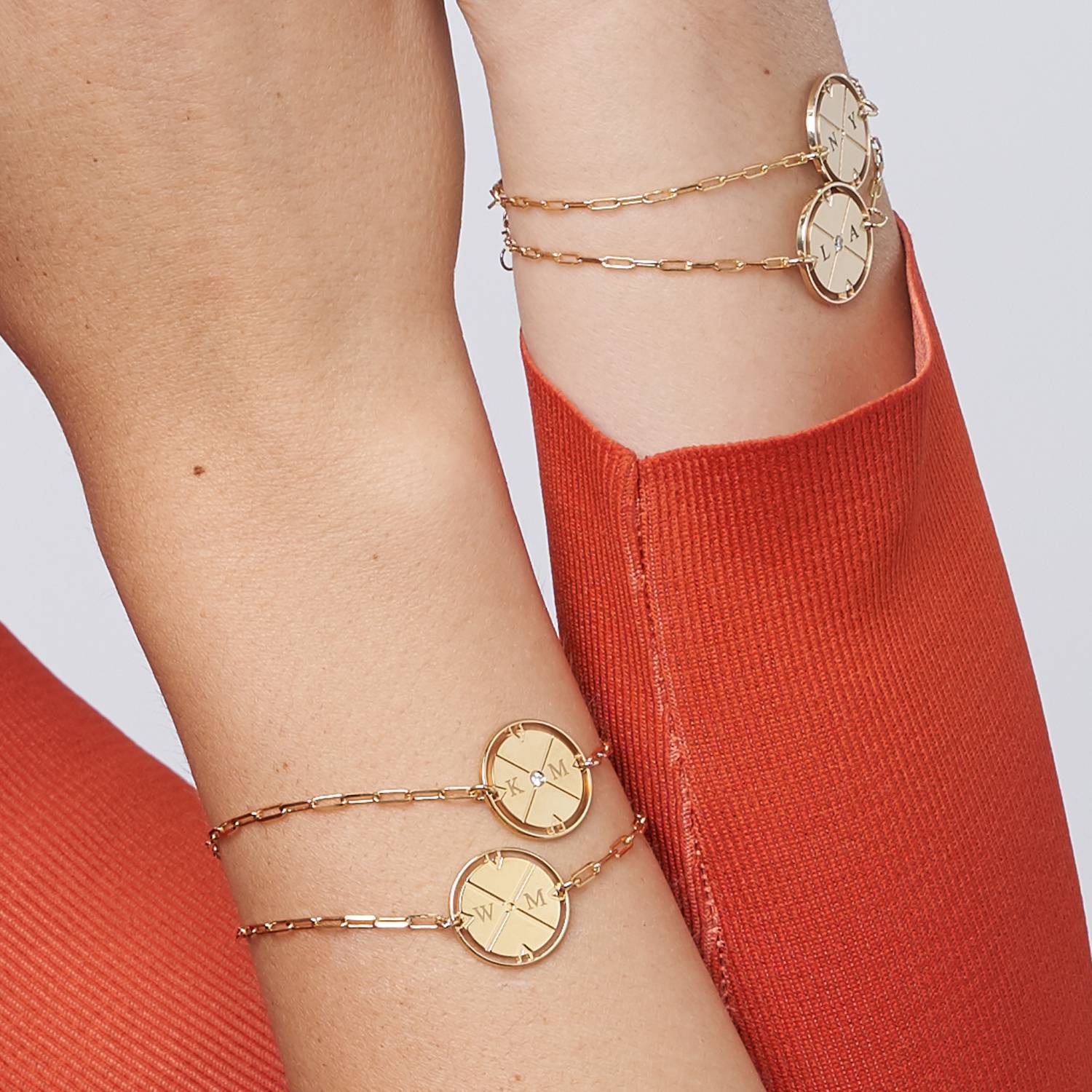 Engraved Compass Bracelet with Diamond - Gold Vermeil - Oak & Luna