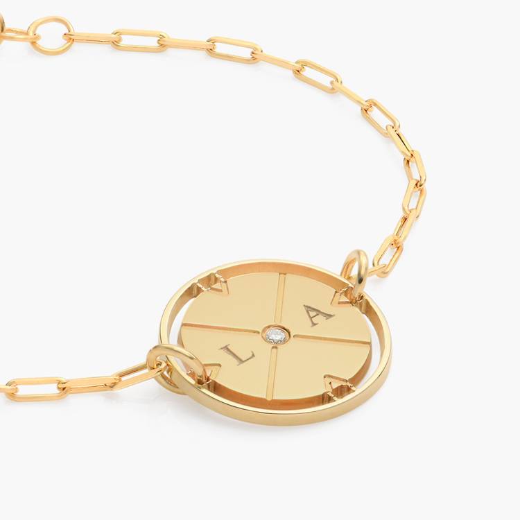 Engraved Compass Bracelet with Diamond - 14k Solid Gold - Oak & Luna