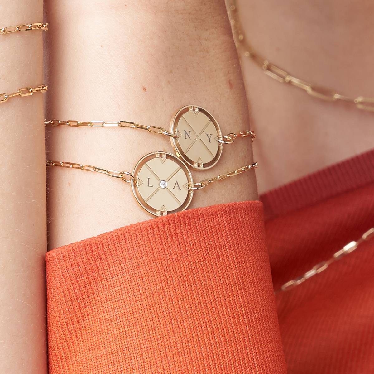 Engraved Compass Bracelet with Diamond - 14k Solid Gold - Oak & Luna