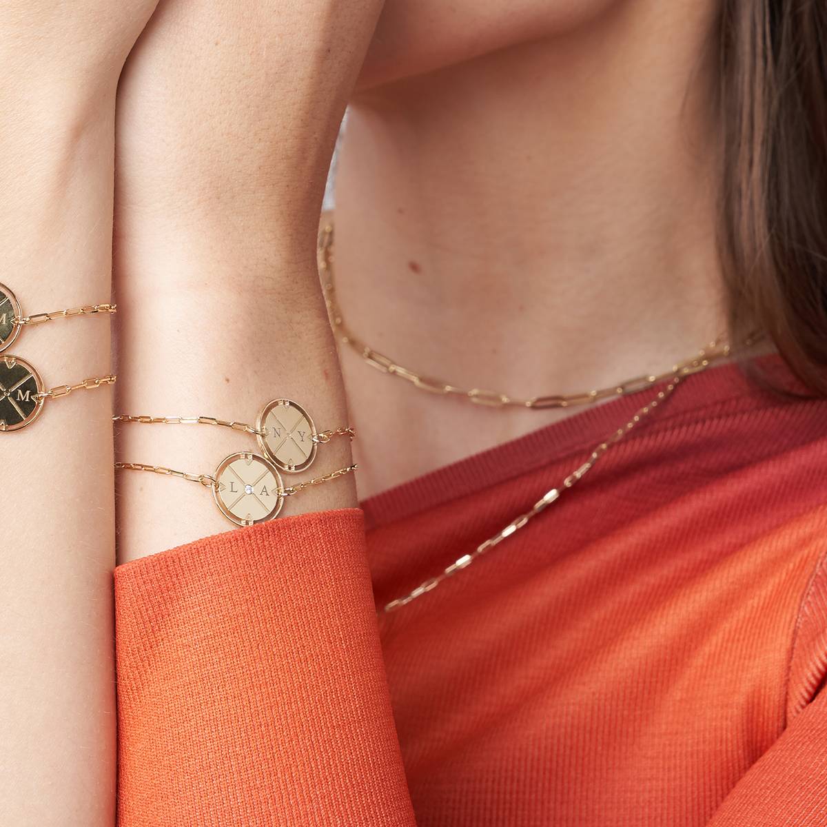 Engraved Compass Bracelet with Diamond - 14k Solid Gold - Oak & Luna