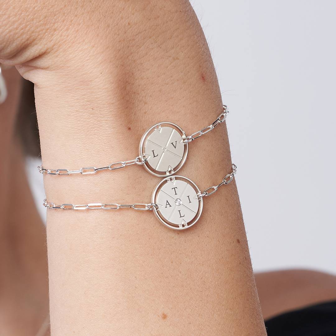 Engraved Compass Bracelet with Diamond - Silver - Oak & Luna
