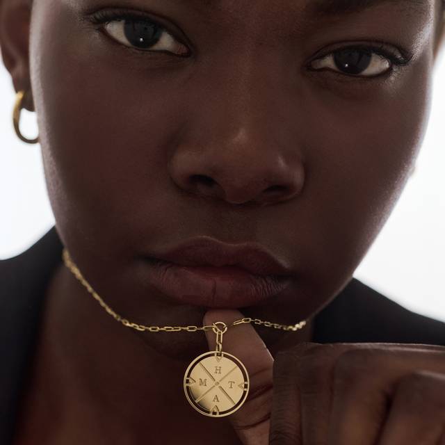 Engraved Compass Necklace - 14k Solid Gold - Oak & Luna