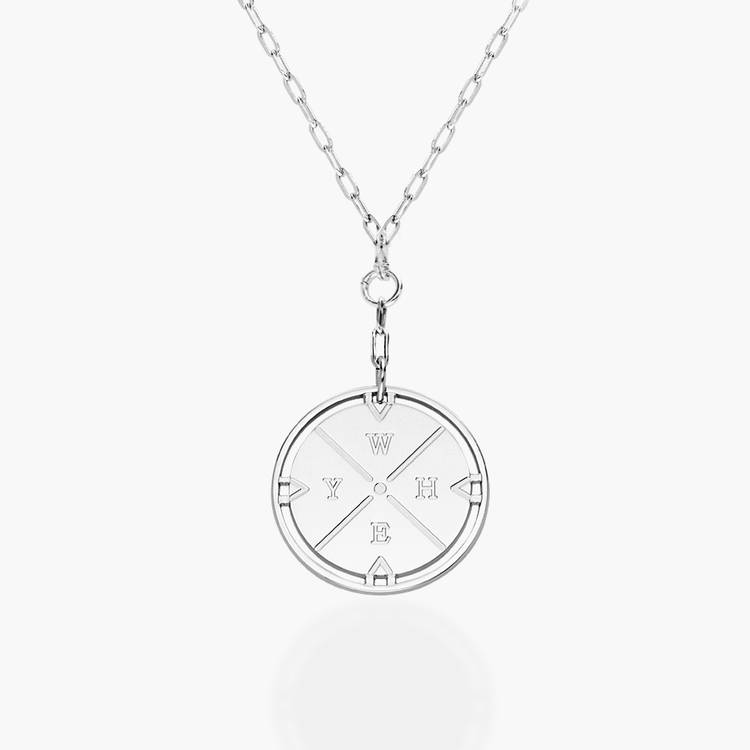 Engraved Compass Necklace - 14k White Gold - Oak & Luna