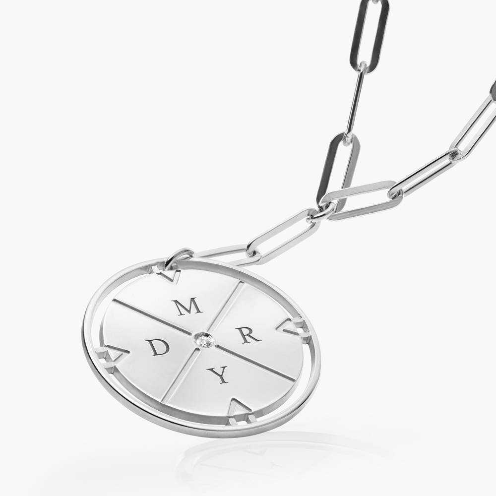 Engraved Compass Necklace with Diamond - Silver - Oak & Luna