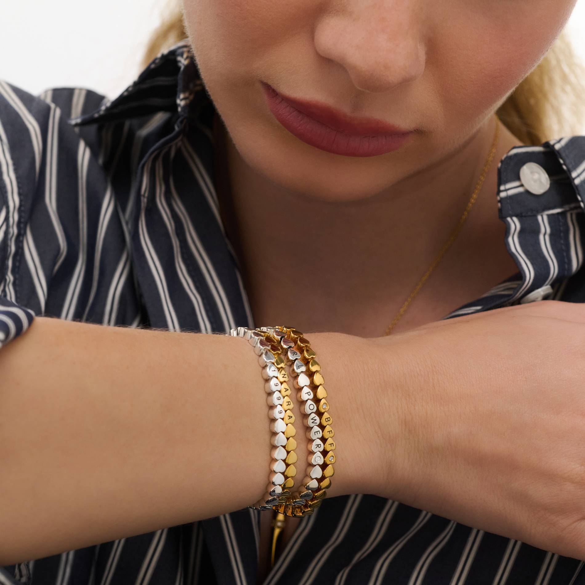 Engraved Dotted Heart Bracelet with Diamonds - Silver - Oak & Luna