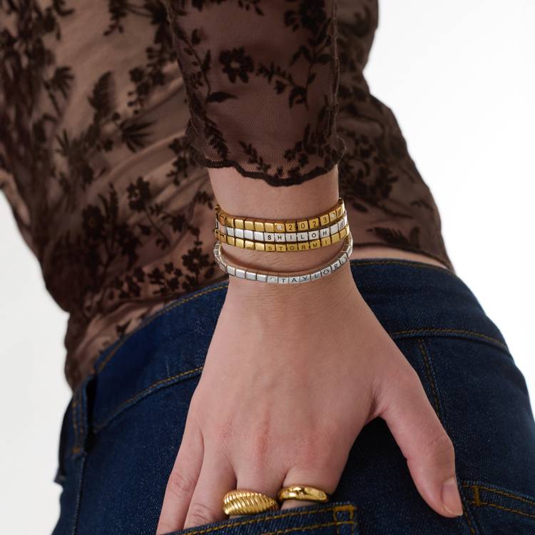 Engraved Dotted Square Bracelet with Diamonds - Silver - Oak & Luna