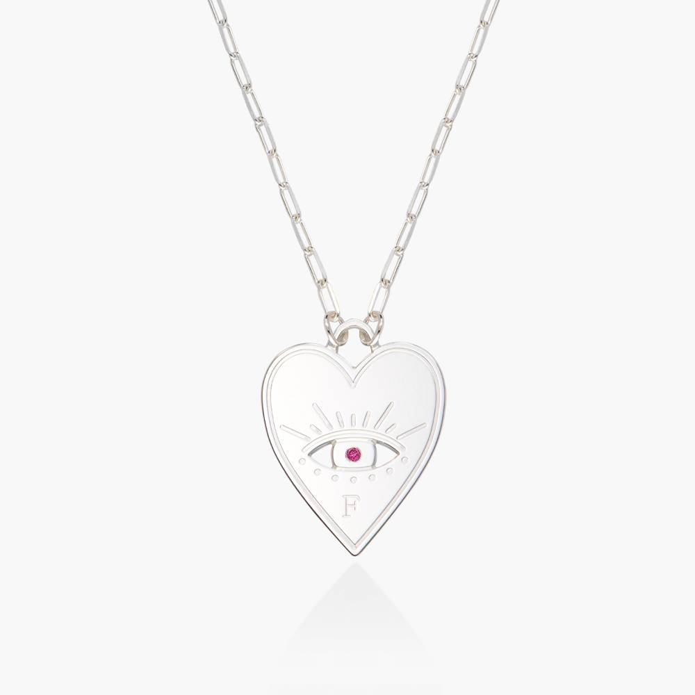 Engraved Evil Eye Heart Necklace with Cubic Zirconia - Silver - Oak & Luna