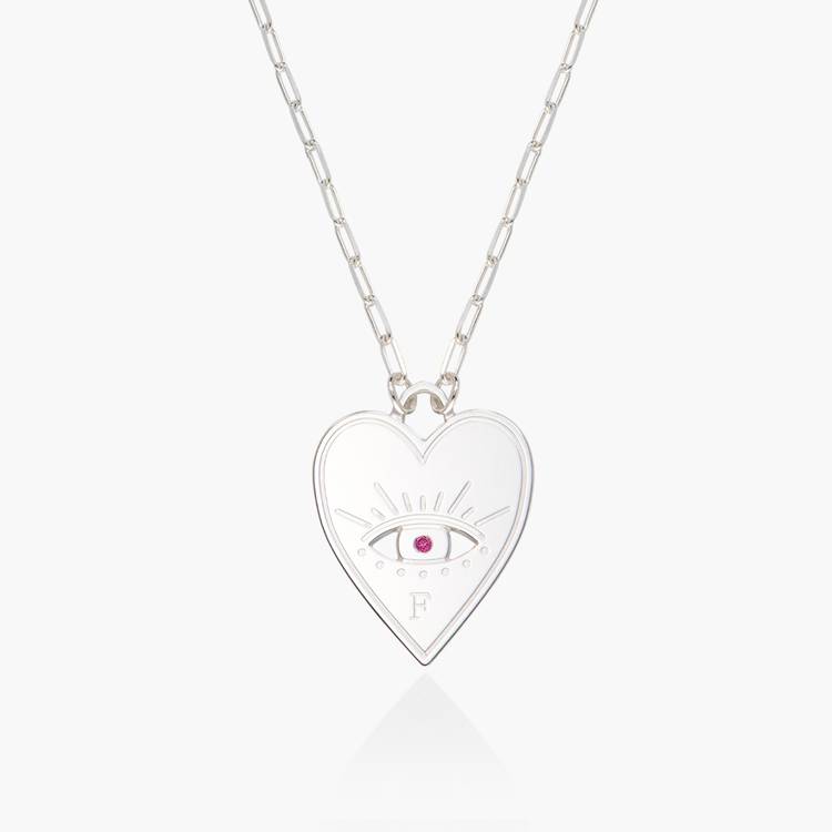 Engraved Evil Eye Heart Necklace with Cubic Zirconia - Silver - Oak & Luna