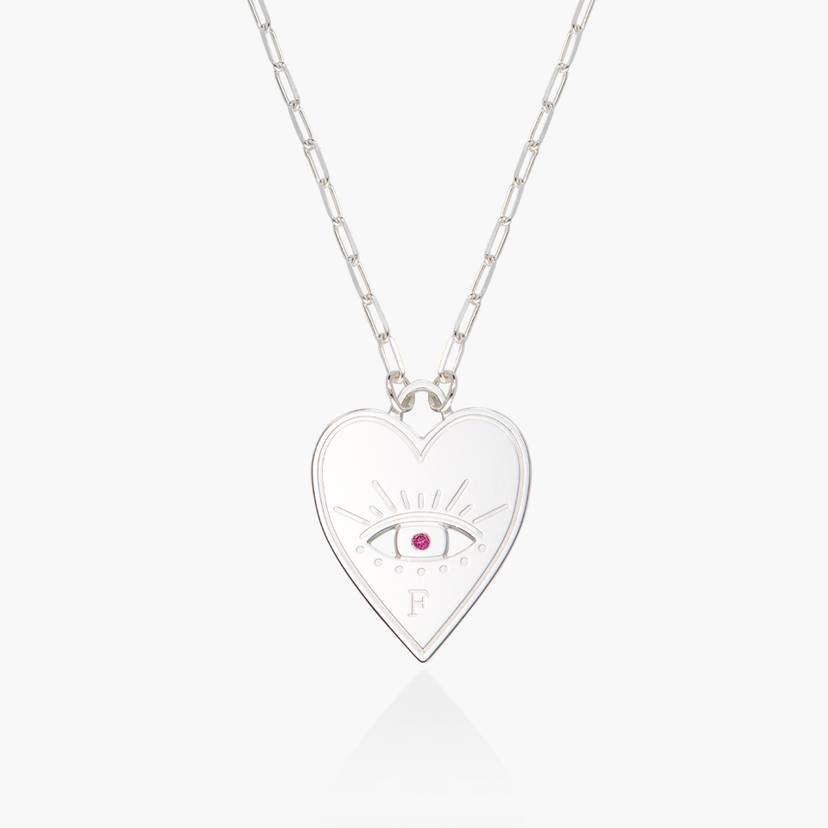 Engraved Evil Eye Heart Necklace with Cubic Zirconia - Silver - Oak & Luna