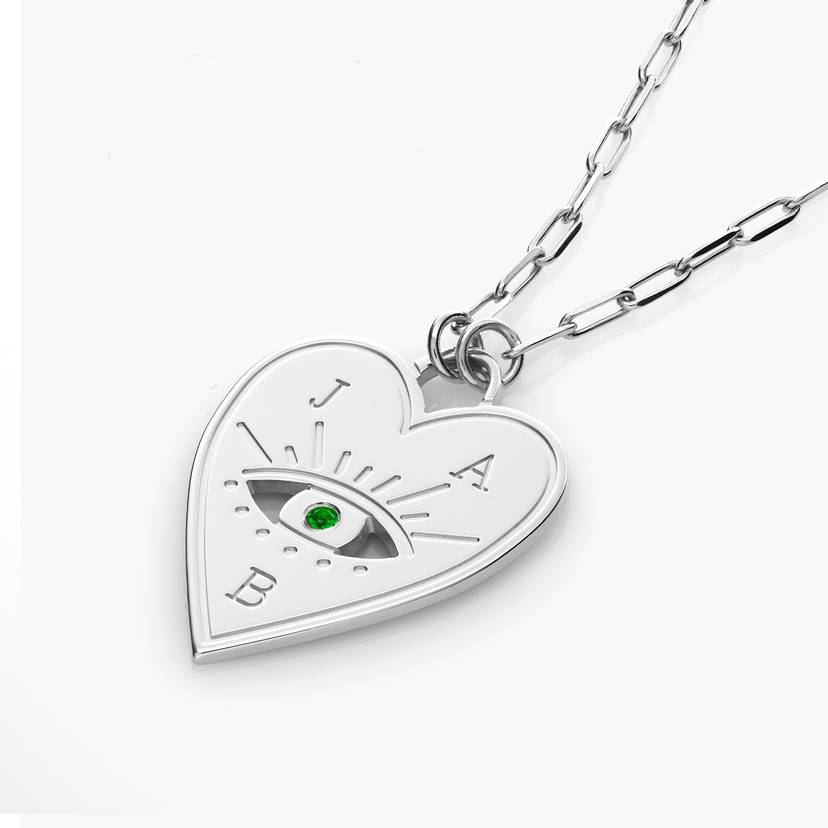 Engraved Evil Eye Heart Necklace with Cubic Zirconia - Silver - Oak & Luna