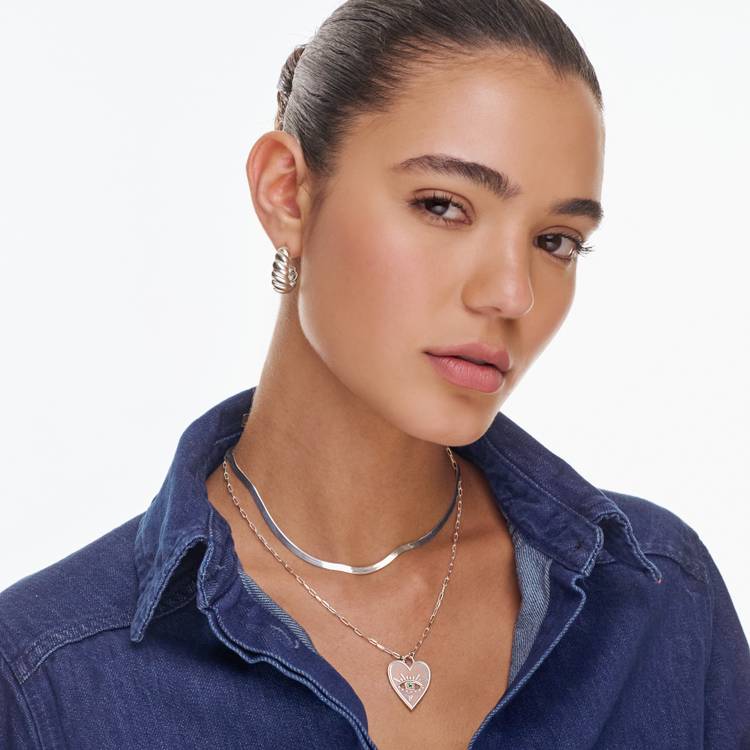 Engraved Evil Eye Heart Necklace with Cubic Zirconia - Silver - Oak & Luna