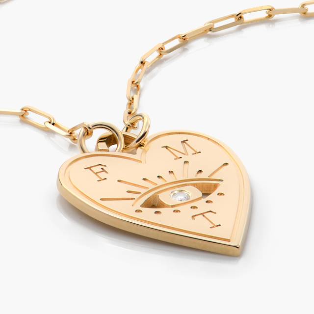 Engraved Evil Eye Heart Necklace with Diamond - 14k Solid Gold - Oak & Luna