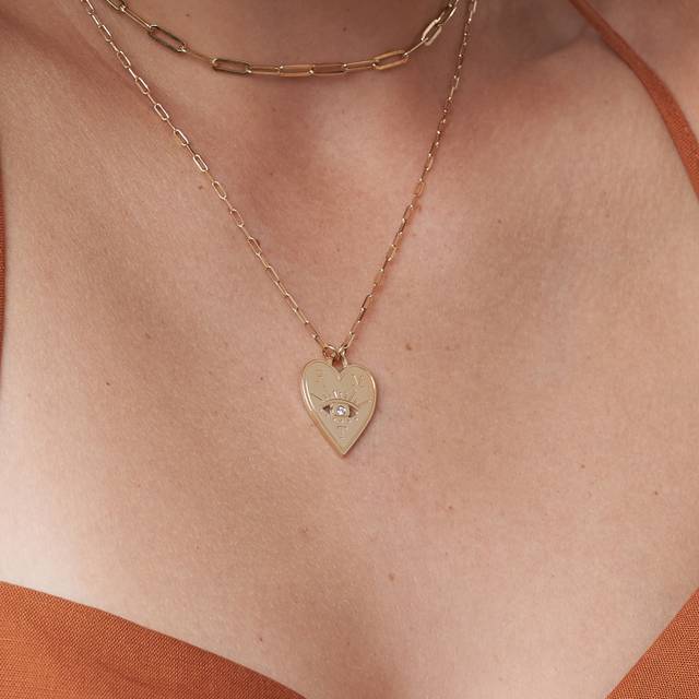 Engraved Evil Eye Heart Necklace with Diamond - 14k Solid Gold - Oak & Luna