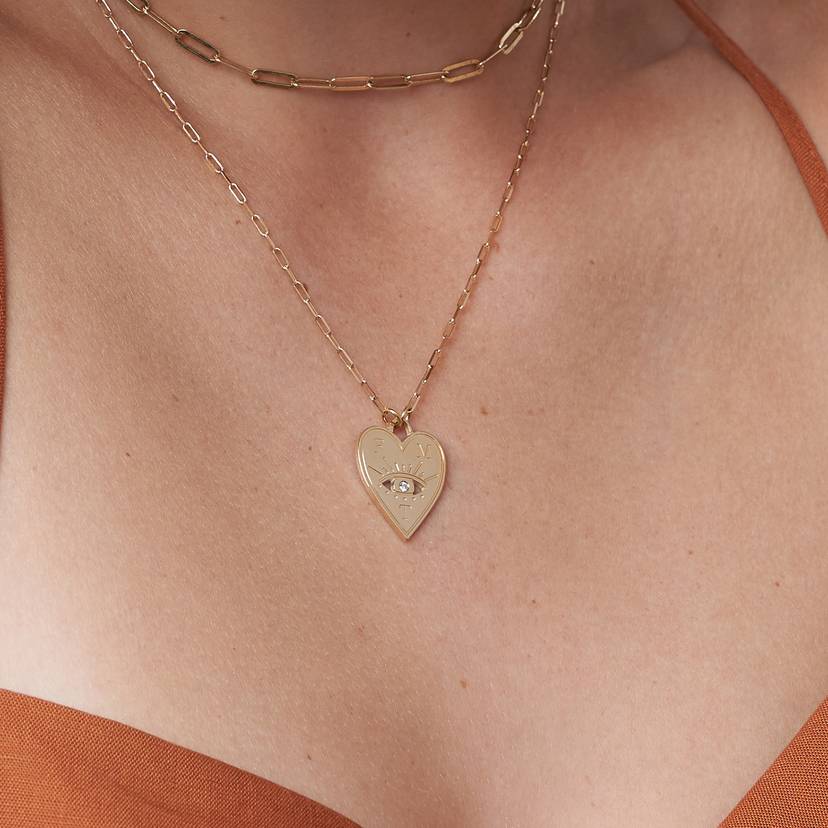 Engraved Evil Eye Heart Necklace with Diamond - 14k Solid Gold - Oak & Luna