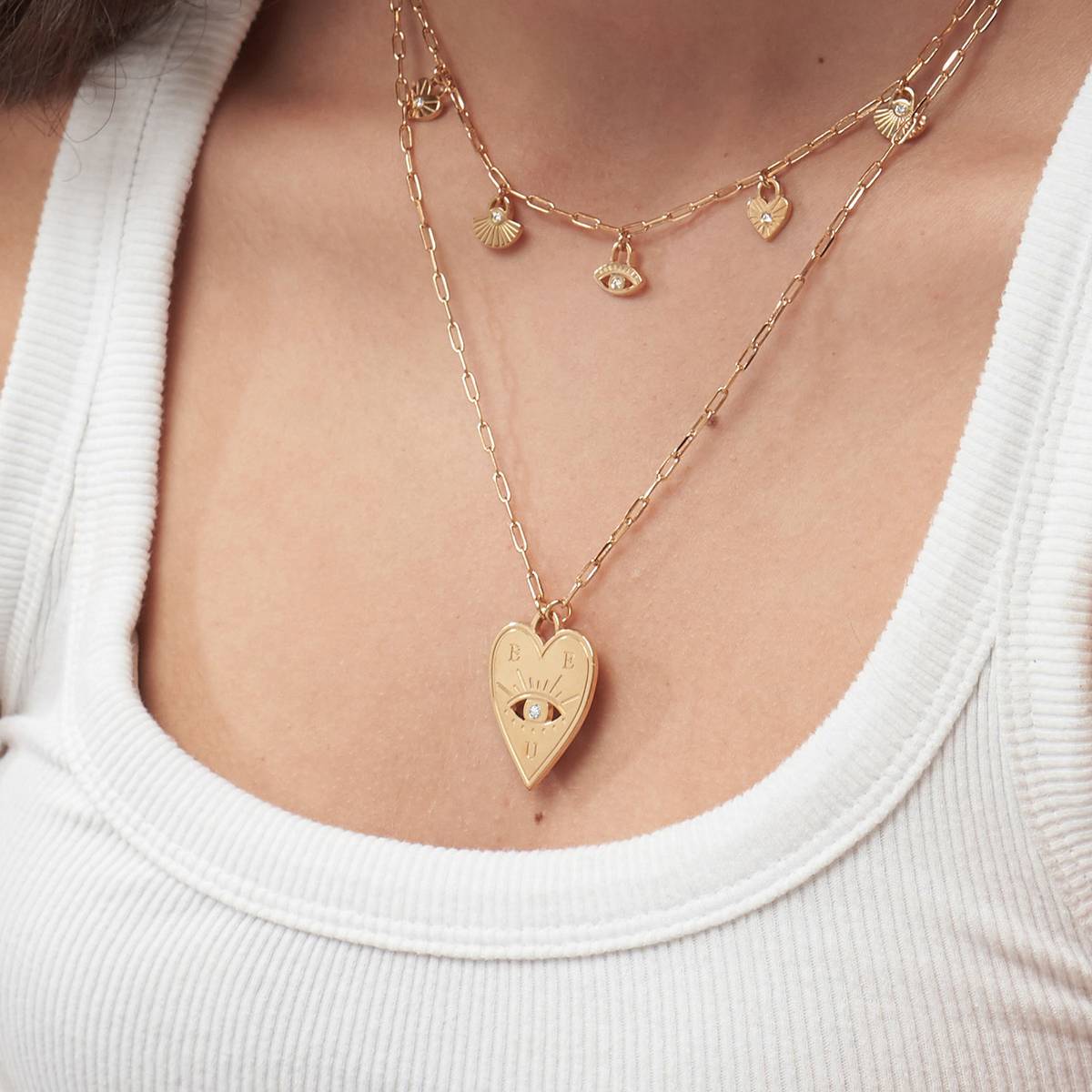 Engraved Evil Eye Heart Necklace with Diamond - Gold Vermeil - Oak & Luna