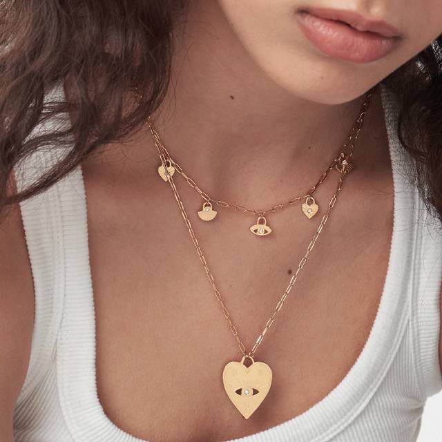 Engraved Evil Eye Heart Necklace with Diamond - Gold Vermeil - Oak & Luna