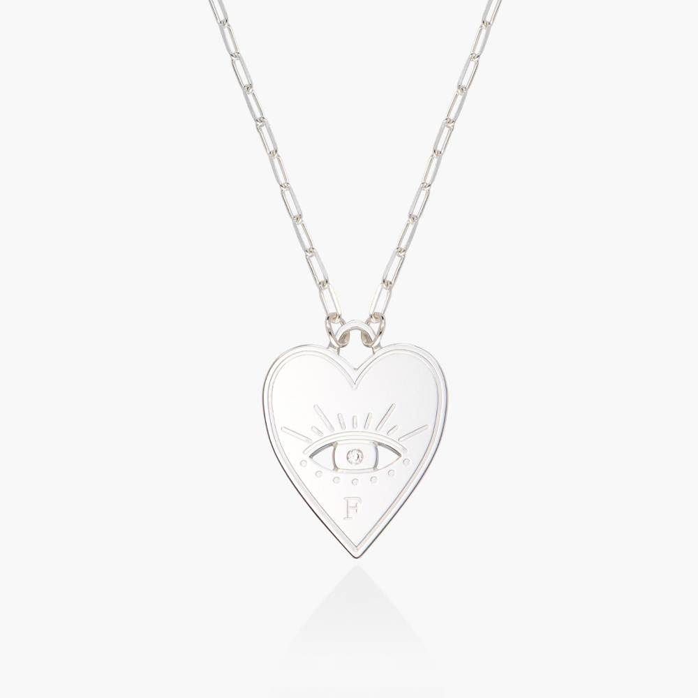 Engraved Evil Eye Heart Necklace with Diamond - Silver - Oak & Luna