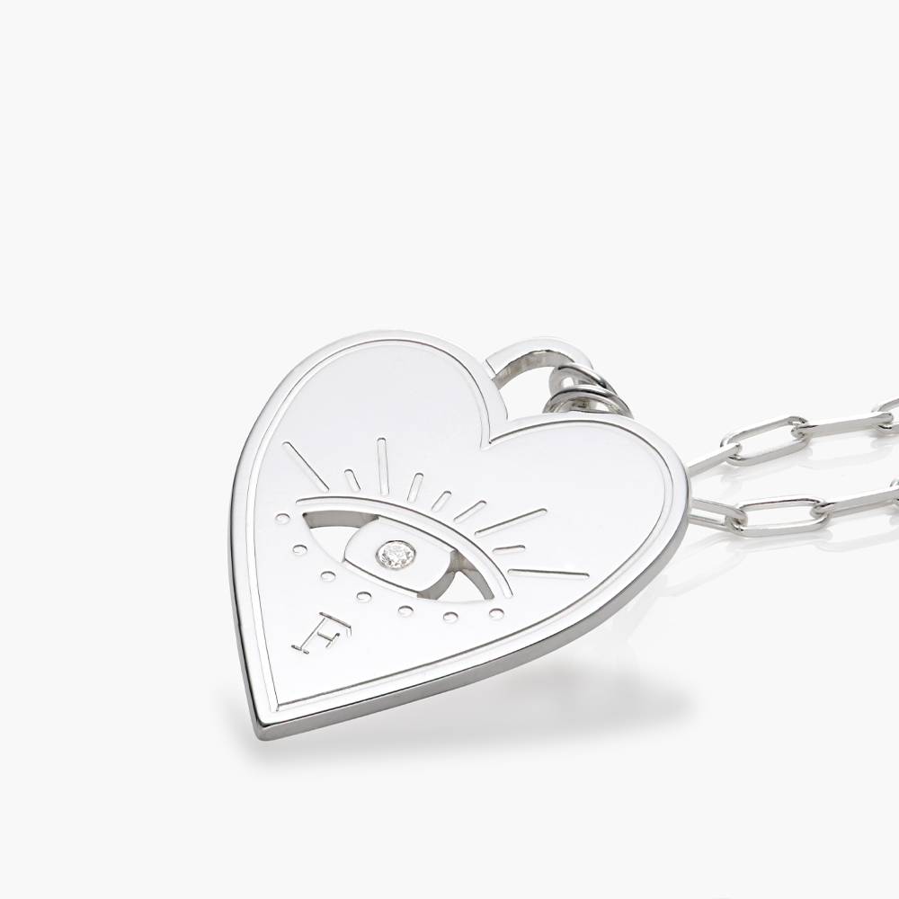 Engraved Evil Eye Heart Necklace with Diamond - Silver - Oak & Luna