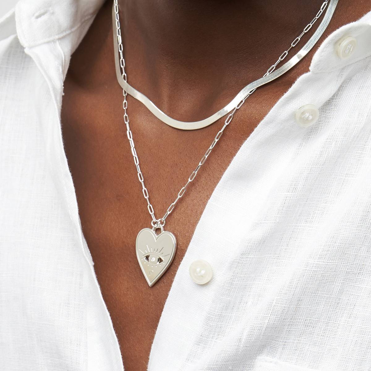 Engraved Evil Eye Heart Necklace with Diamond - Silver - Oak & Luna