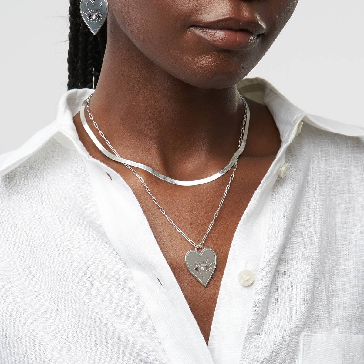 Engraved Evil Eye Heart Necklace with Diamond - Silver - Oak & Luna