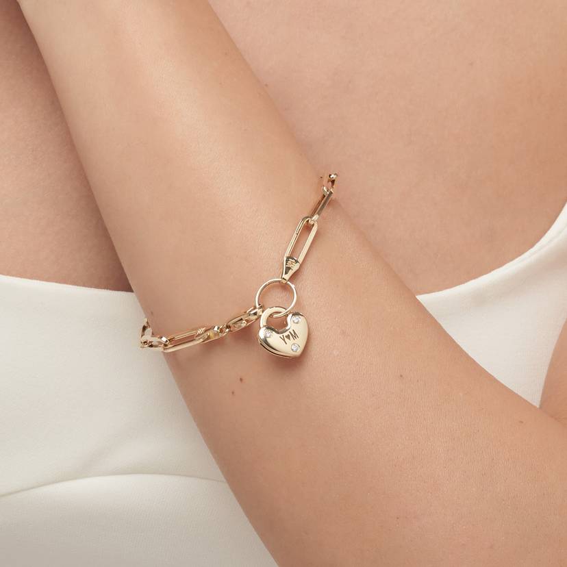 Heart Charm Lock Bracelet with Diamonds - 14k Solid Gold - Oak & Luna