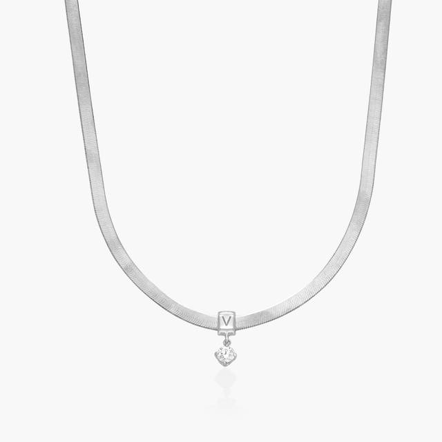 Herringbone Engraved Slim Chain Necklace with 0.3ct Diamonds - Silver ...