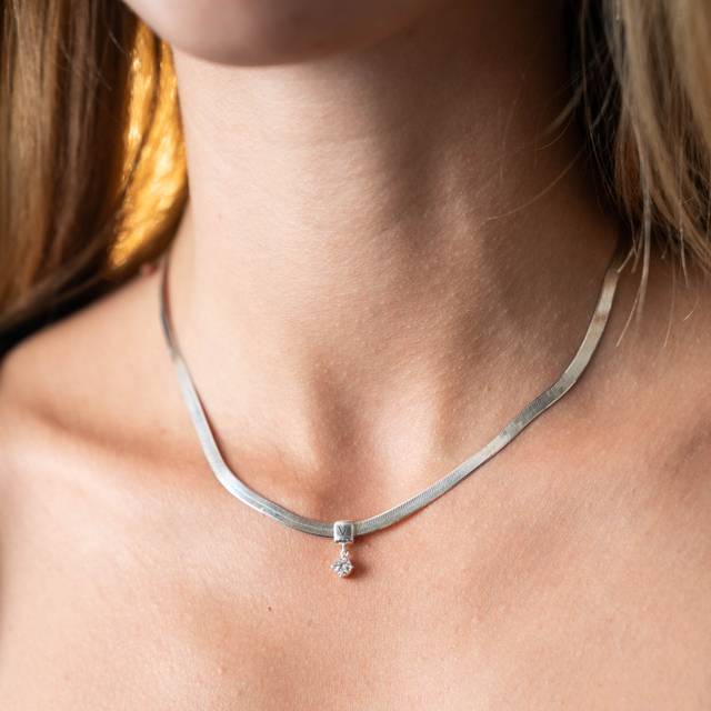 Herringbone Engraved Slim Chain Necklace with 0.3ct Diamonds - Silver ...