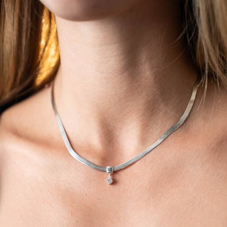Herringbone Engraved Slim Chain Necklace with 0.3ct Diamonds - Silver ...