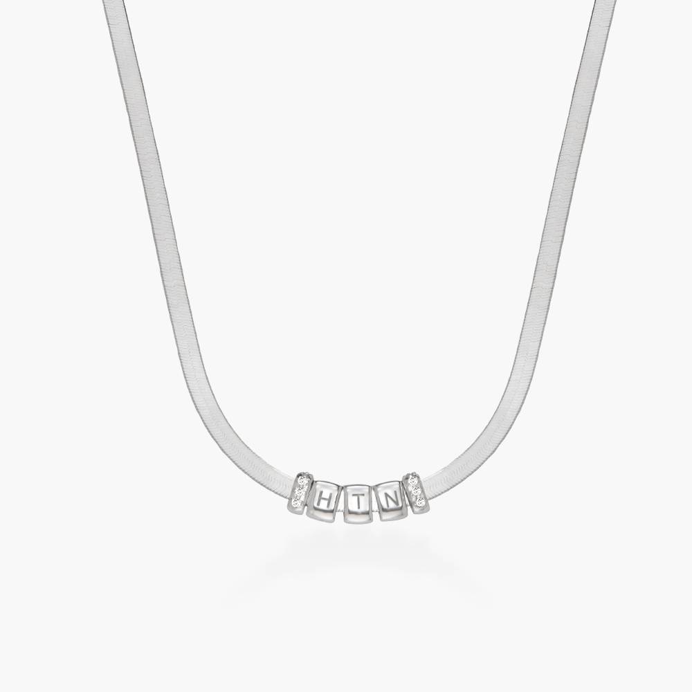 Herringbone Engraved Slim Chain Necklace with Diamonds- Silver - Oak & Luna