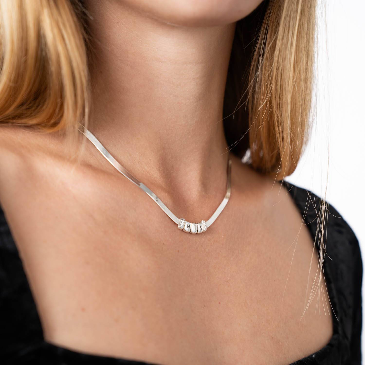 Herringbone Engraved Slim Chain Necklace with Diamonds- Silver - Oak & Luna