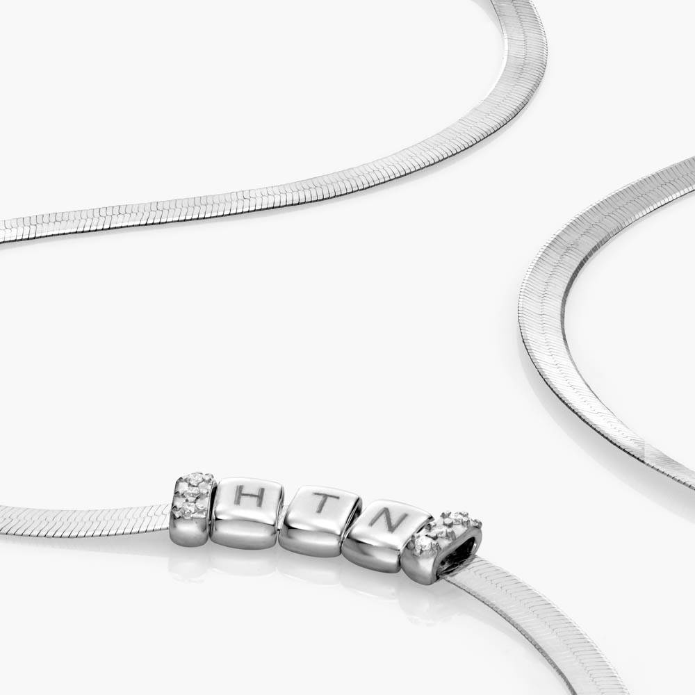 Herringbone Engraved Slim Chain Necklace with Diamonds- Silver - Oak & Luna