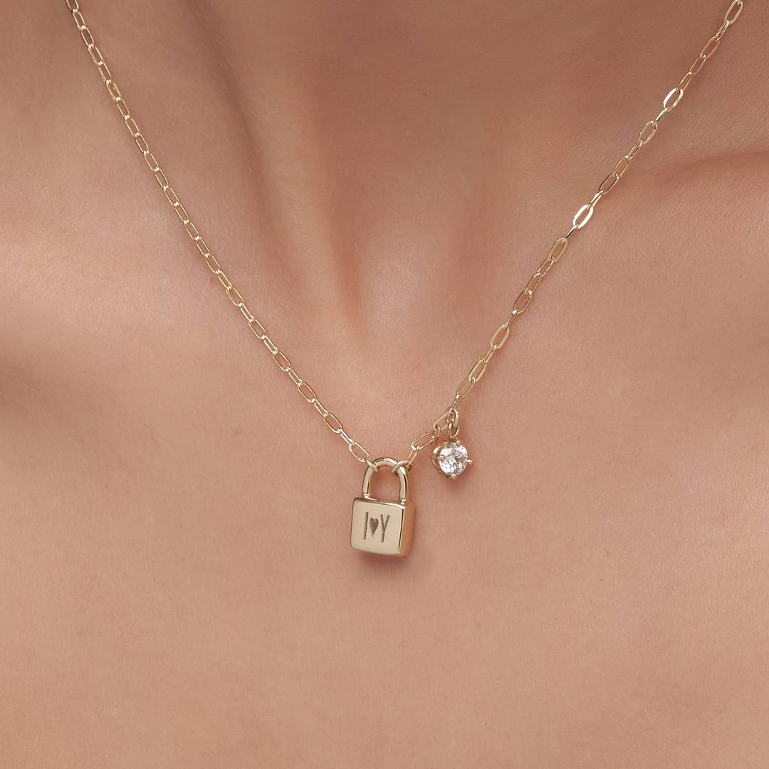 Initial Lock Necklace With 0.3ct Diamond -14k Solid Gold - Oak & Luna