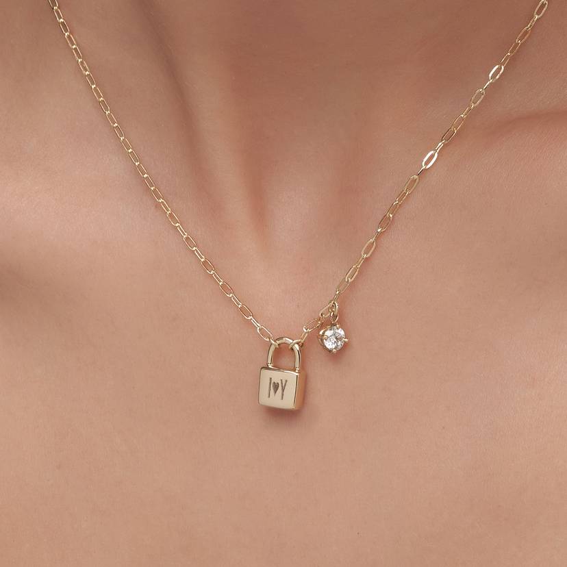 Initial Lock Necklace With 0.3ct Diamond -14k Solid Gold - Oak & Luna