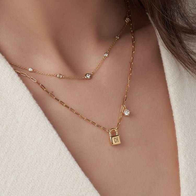 Initial Lock Necklace With 0.3ct Diamond - Gold Vermeil - Oak & Luna