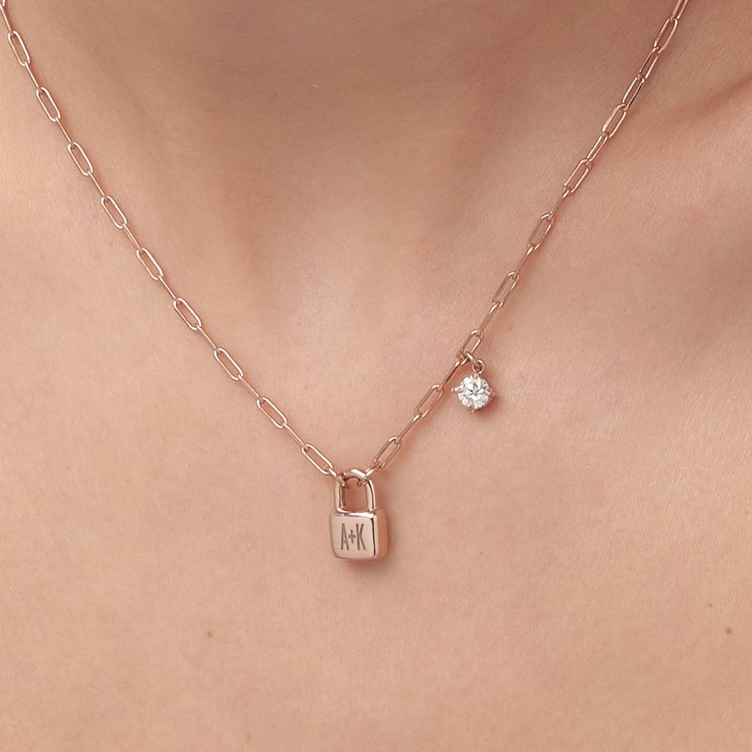 Initial Lock Necklace With 0.3ct Diamond - Rose Gold Vermeil - Oak & Luna