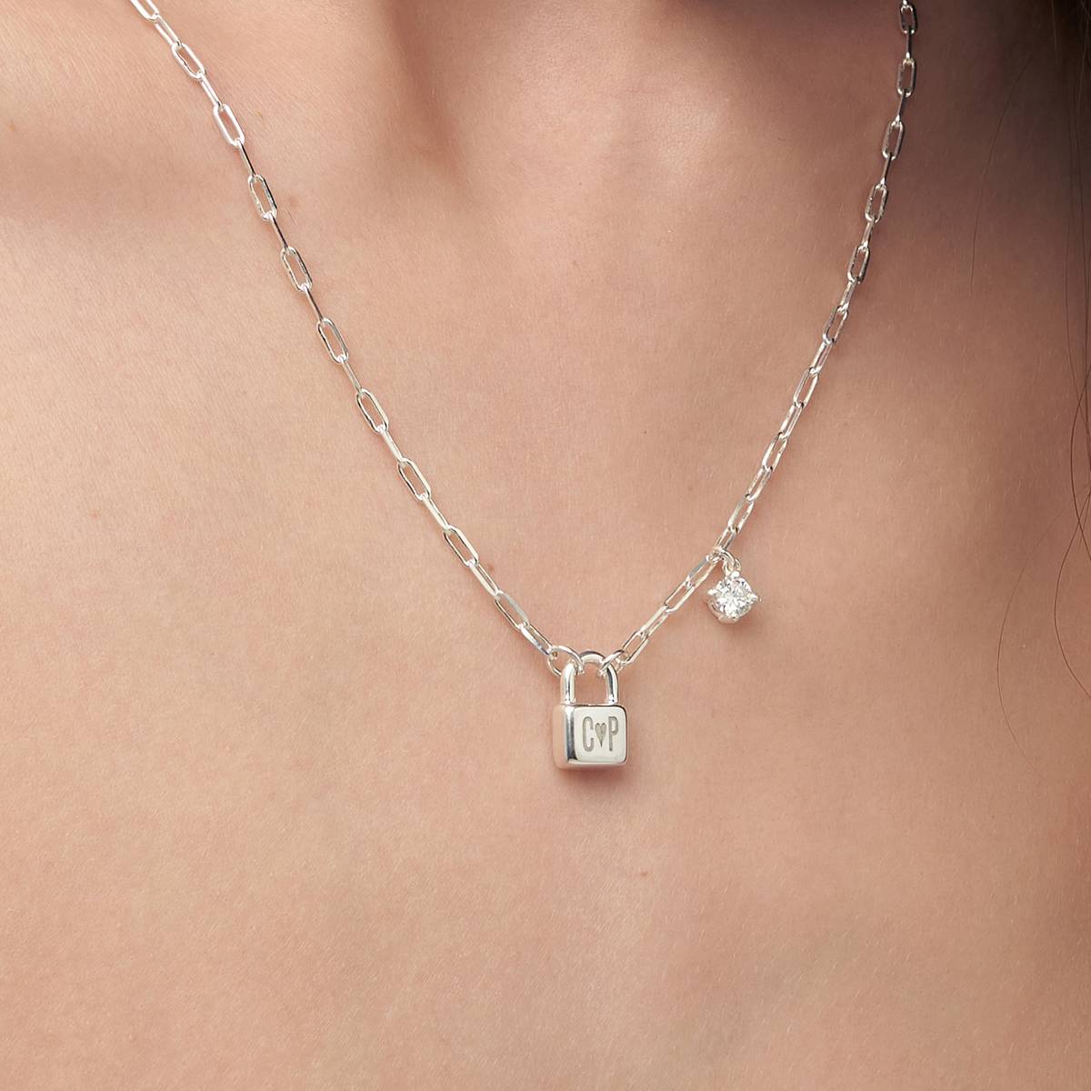 Initial Lock Necklace With 0.3ct Diamond - Silver - Oak & Luna