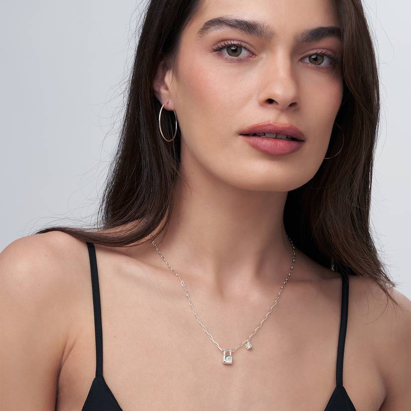 Initial Lock Necklace With 0.3ct Diamond - Silver - Oak & Luna