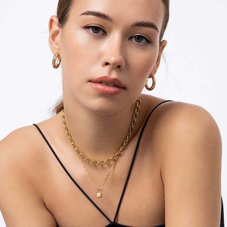 Initial Lock Necklace with Diamonds - 14k Solid Gold - Oak & Luna