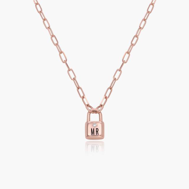 Initial Lock Necklace with Diamonds- Rose Vermeil - Oak & Luna