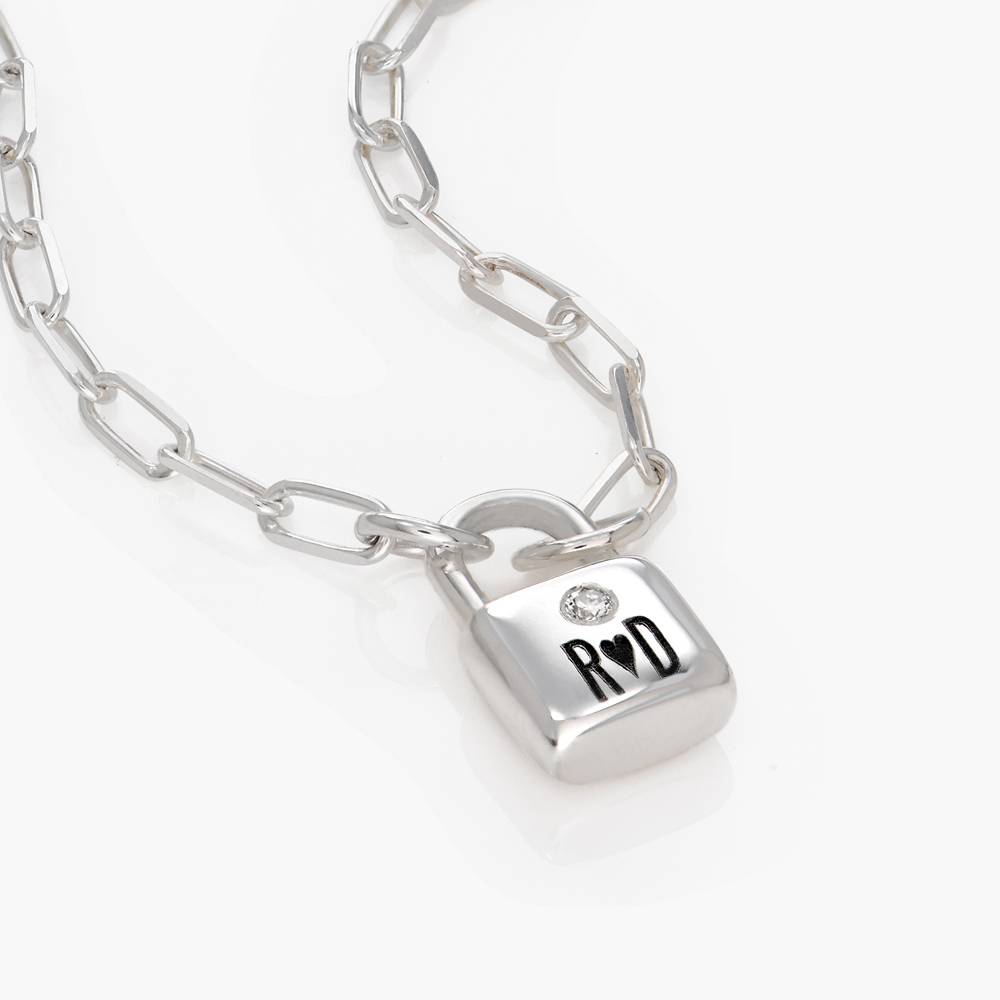 Initial Lock Necklace with Diamonds- Silver - Oak & Luna