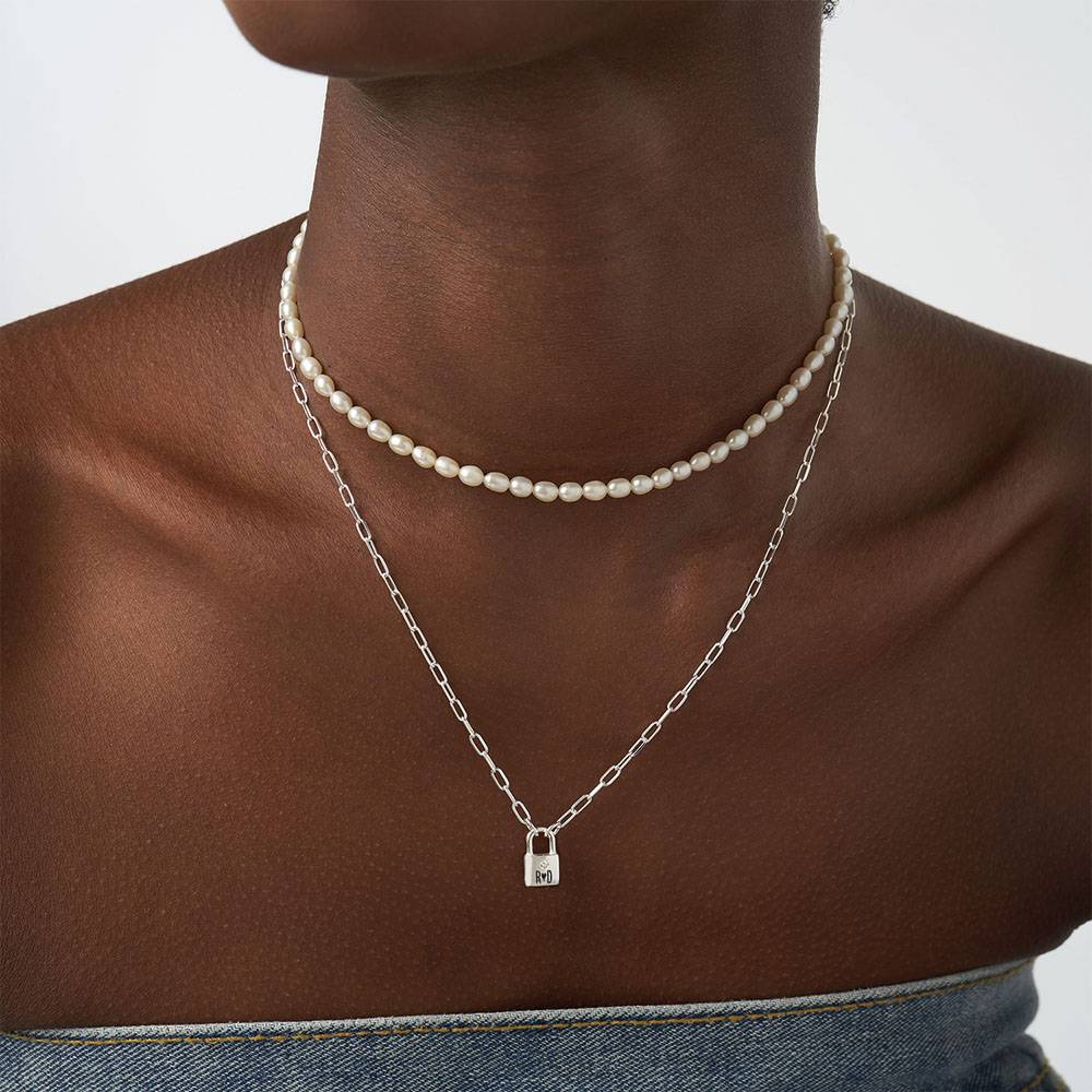 Initial Lock Necklace with Diamonds- Silver - Oak & Luna