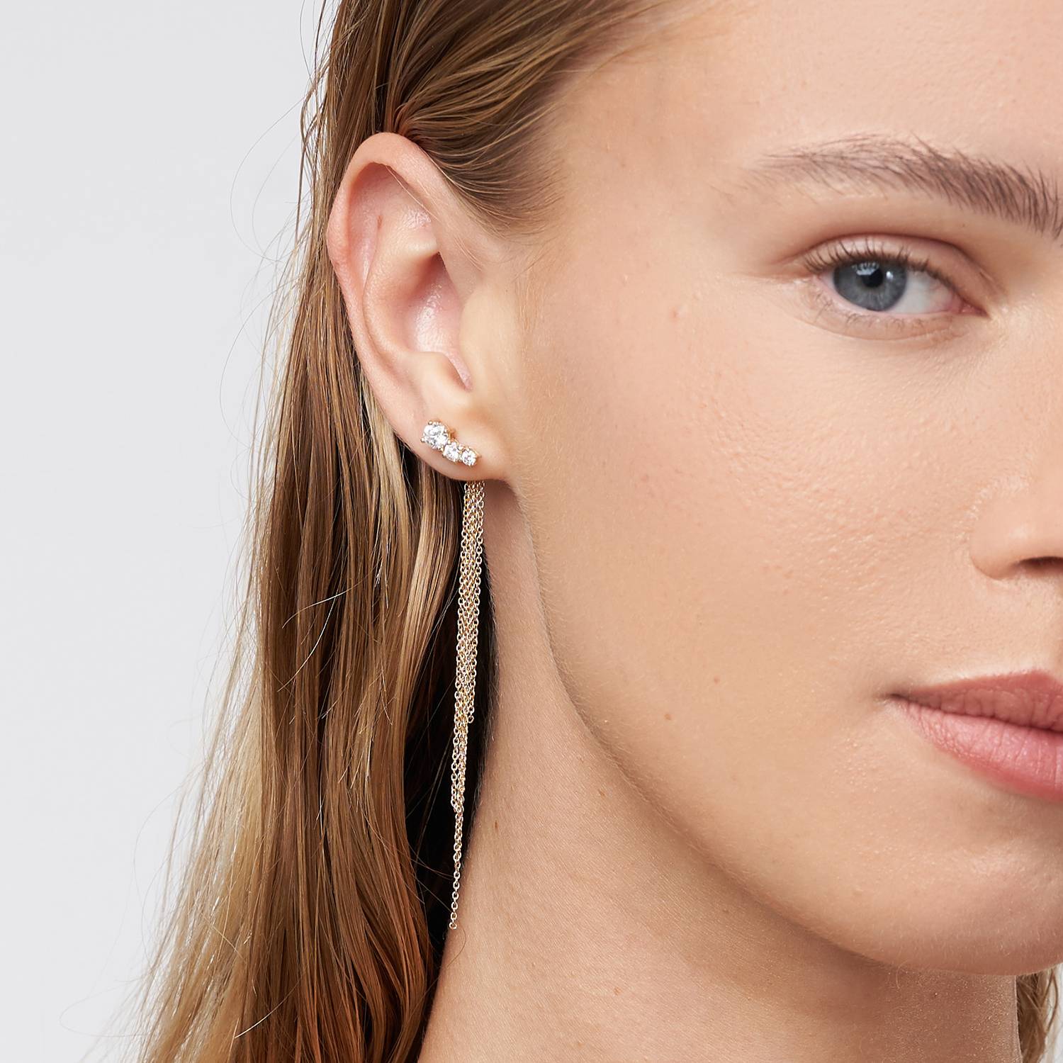 Mimosa Long Tassel Stud with Trio Diamond 0.45 CT Diamond - 14k Solid ...